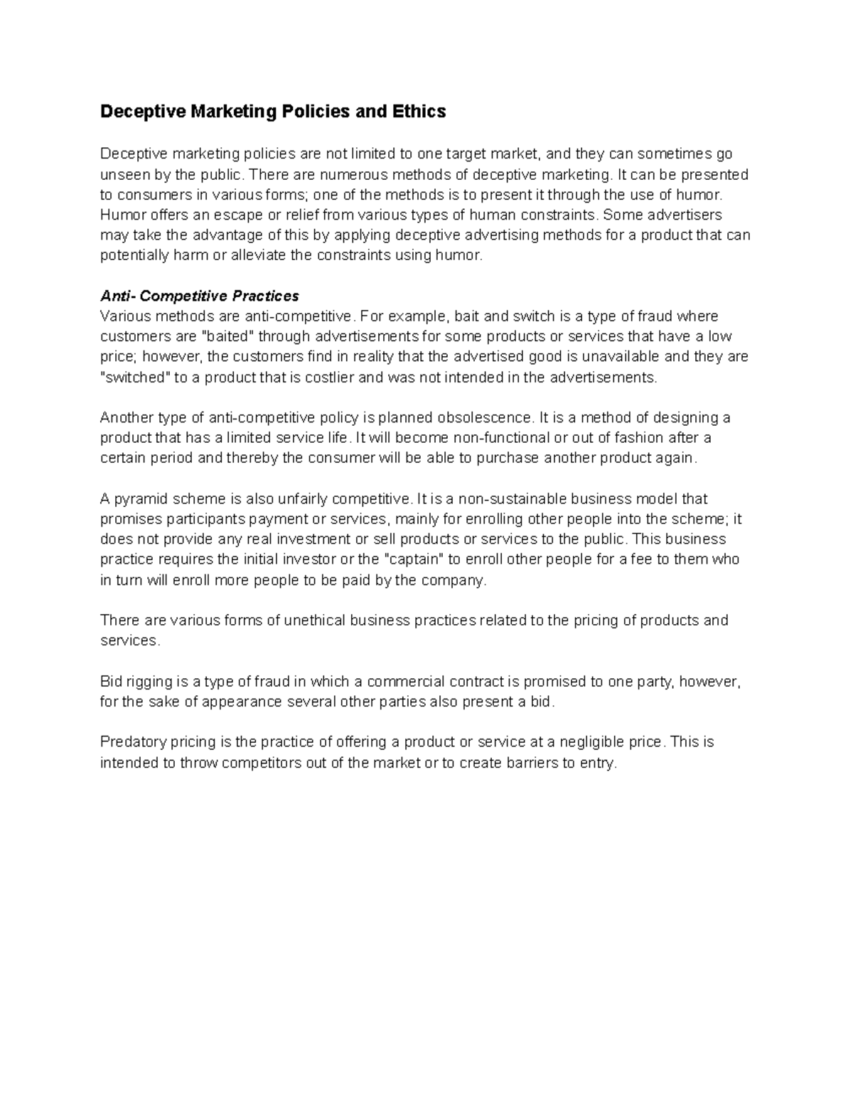 Deceptive Marketing Policies and Ethics - Deceptive Marketing Policies ...