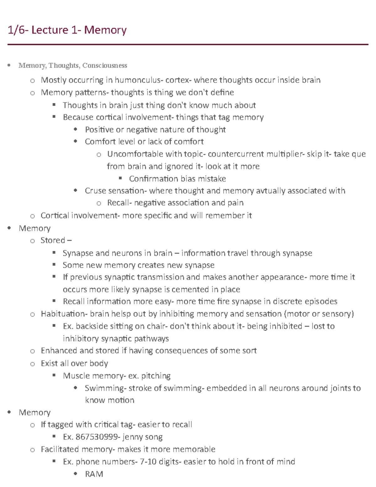 Lecture 1 - 1/6- Lecture 1- Memory Memory, Thoughts, Consciousness o ...