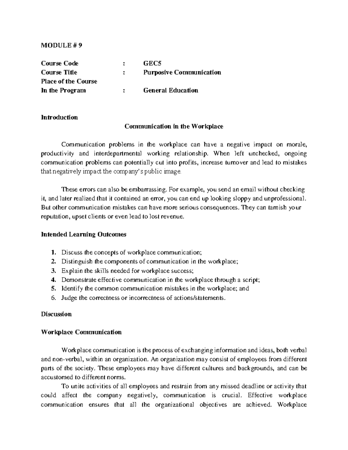 Module 9 Purposive Communication - MODULE # 9 Course Code : GEC Course ...