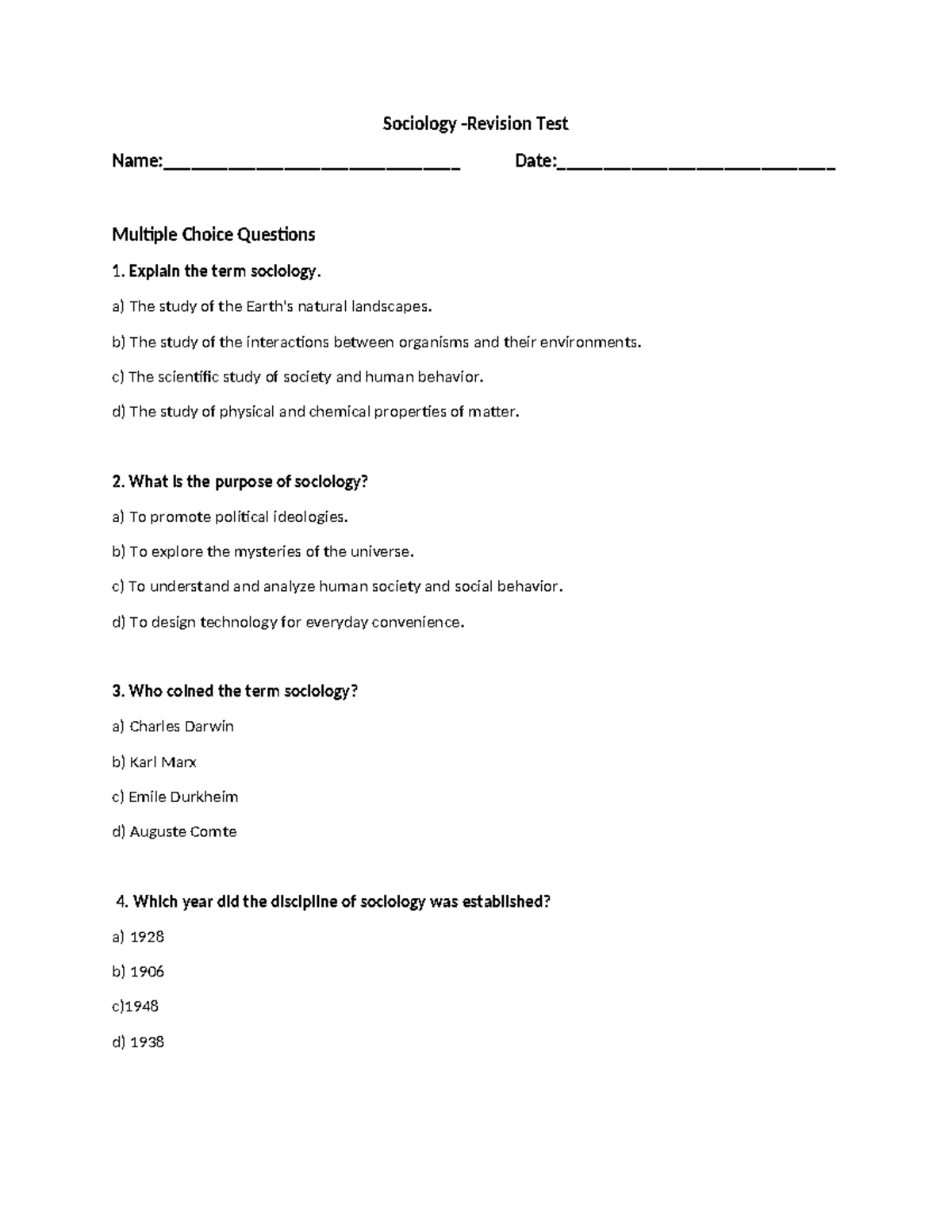 Revision Test - Practice - Sociology -Revision Test Name