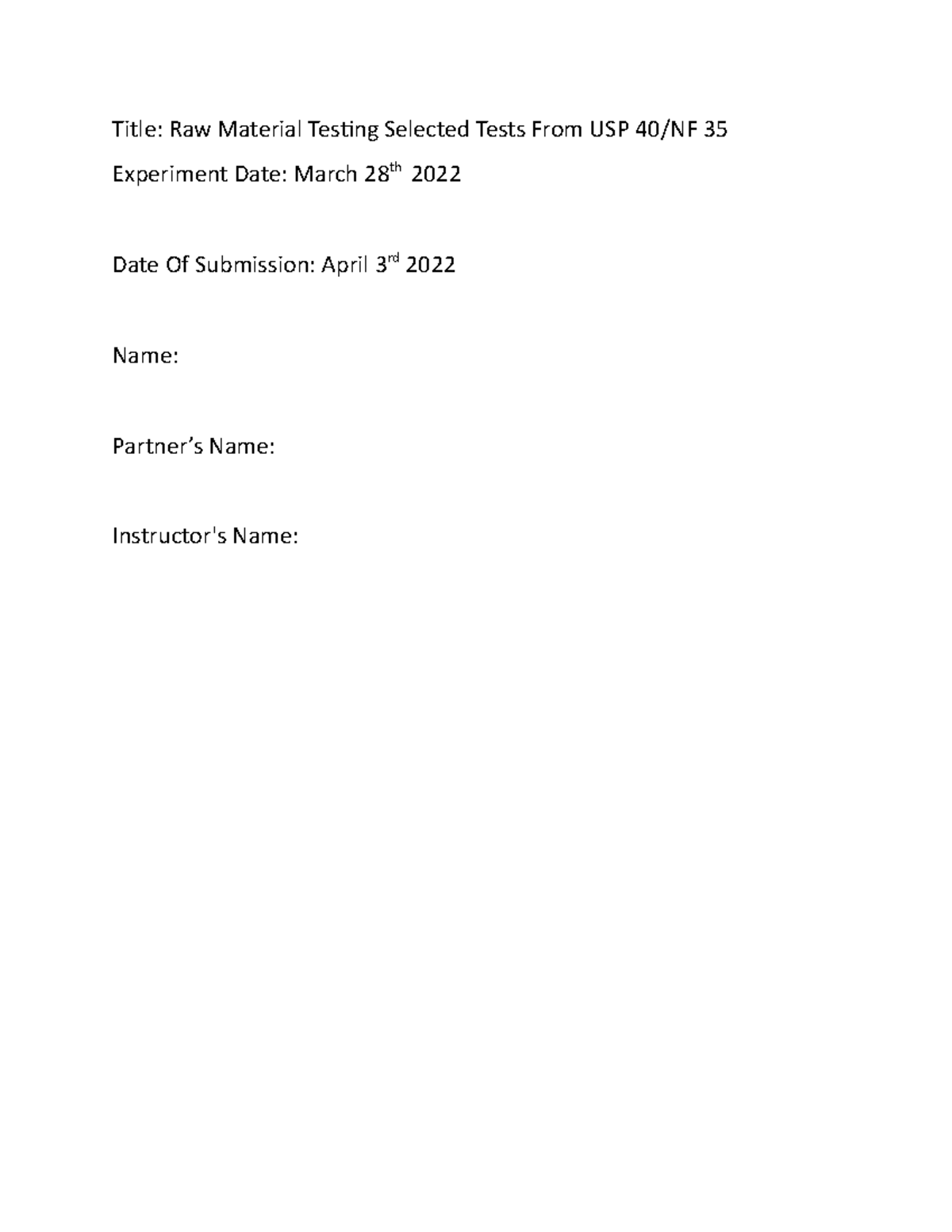 Lab 6 Report PHRM 3131 - Raw Material Testing Selected Tests From USP ...