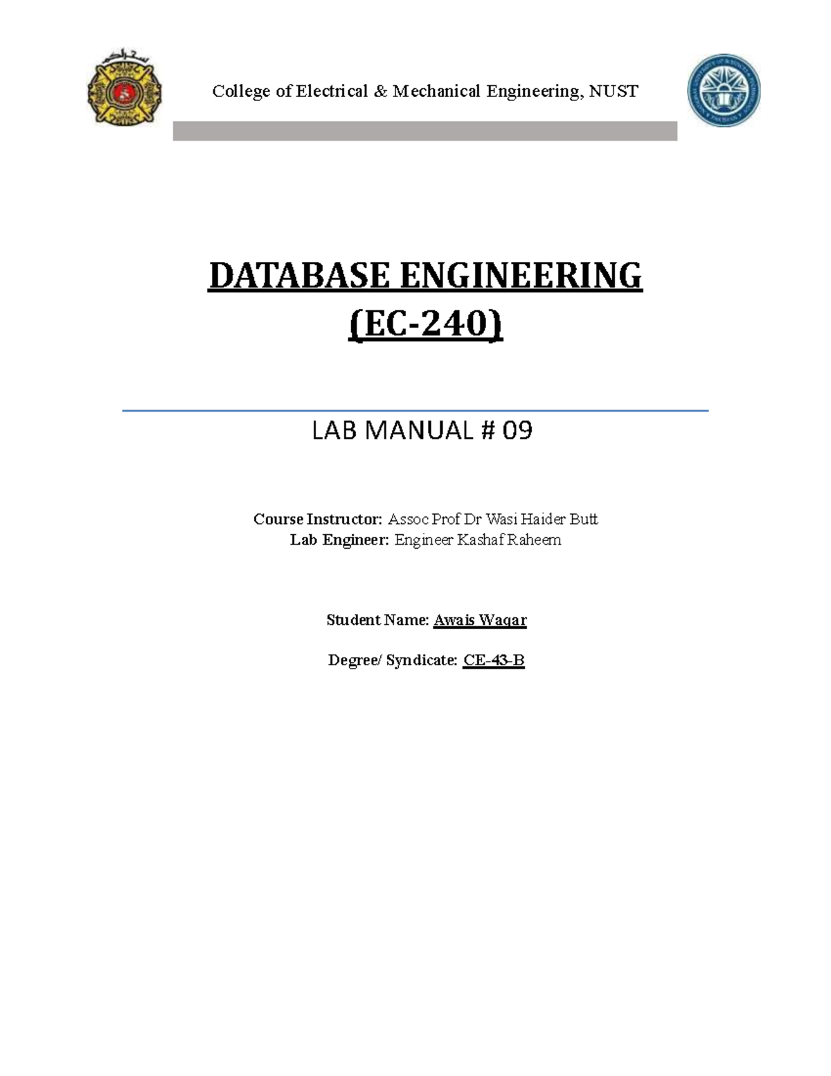 Awais Waqar 366492 CE43-B DATA BASE Lab Report 9 - DATABASE ENGINEERING ...