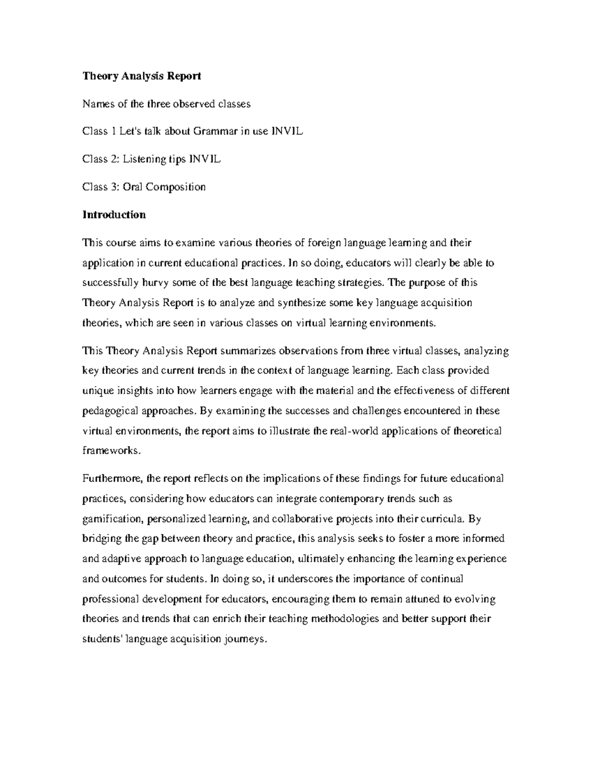 Theory Analysis Report - Theory Analysis Report Names of the three ...