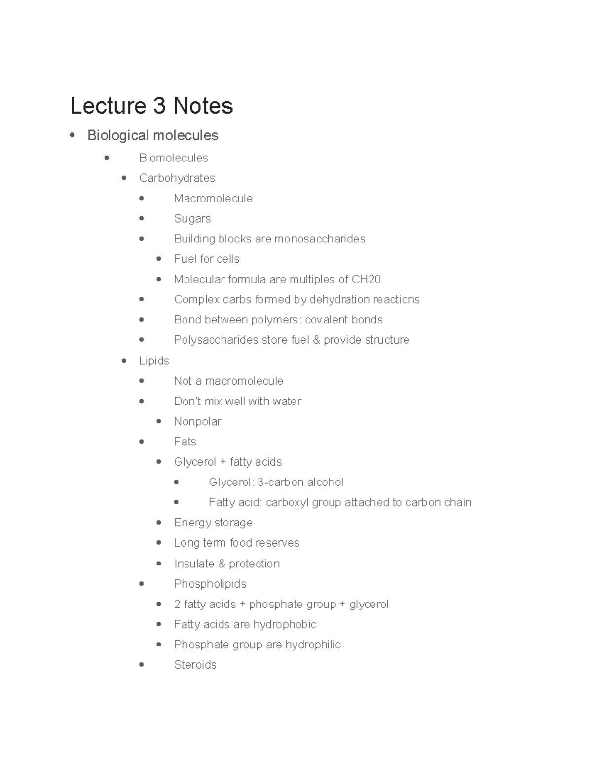 Lecture 3 Notes - Lecture 3 Notes Biological molecules Biomolecules ...