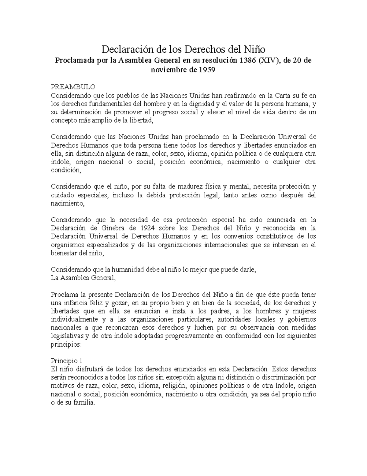 Declaraci n de los Derechos del Ni o - Declaración de los Derechos del Niño Proclamada por la ...