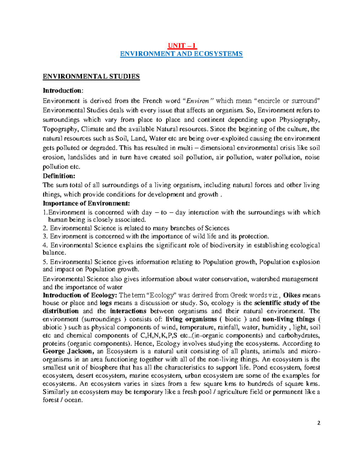 ES Notes - UNIT – I ENVIRONMENT AND ECOSYSTEMS ENVIRONMENTAL STUDIES ...