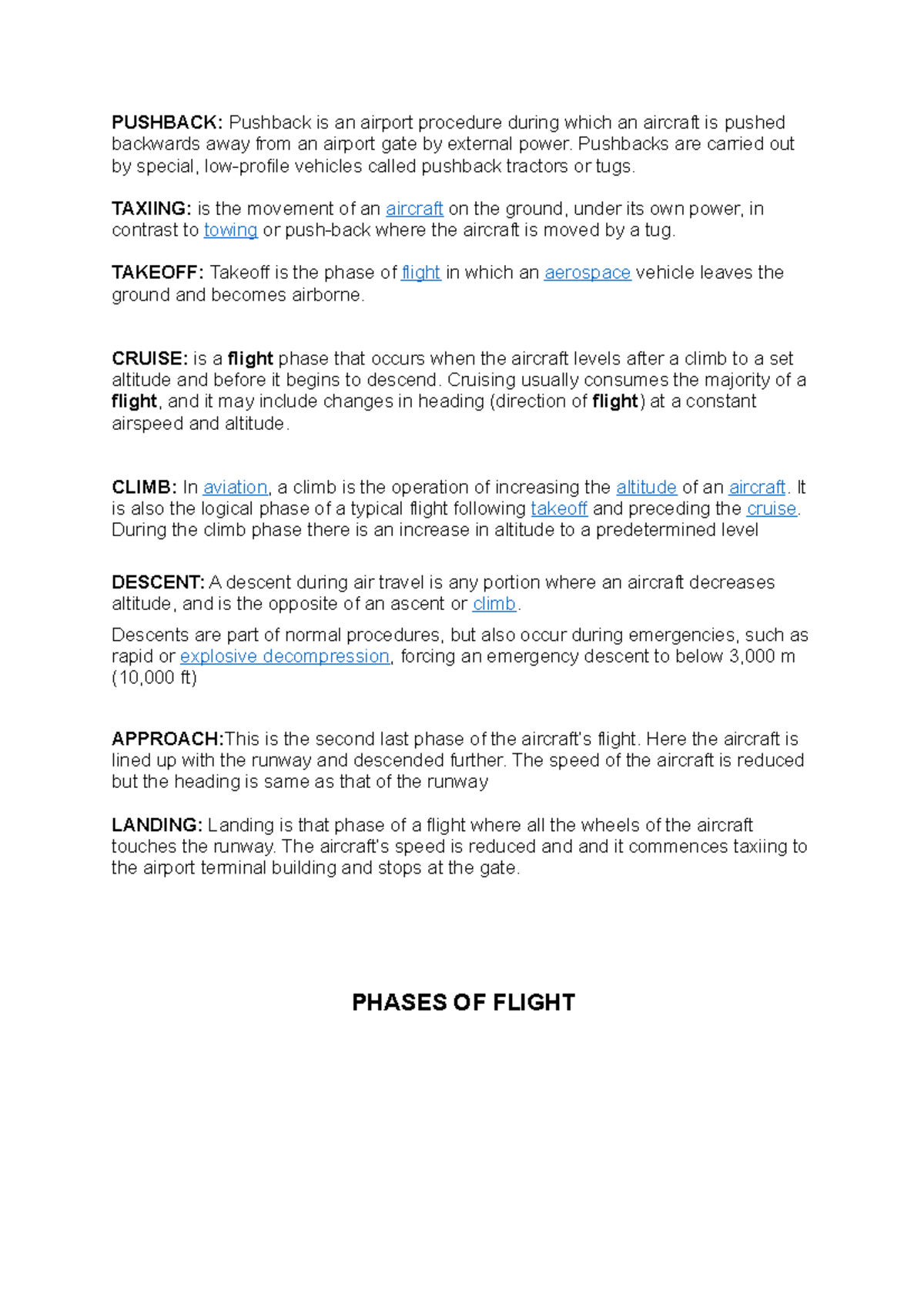 Phases OF Flight - PHASES OF FLIGHT PUSHBACK: Pushback is an airport ...