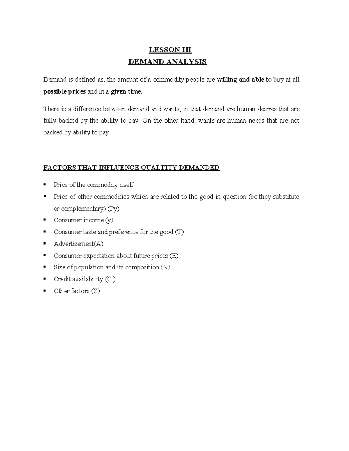 Lesson III Demand Analysis - LESSON III DEMAND ANALYSIS Demand is ...