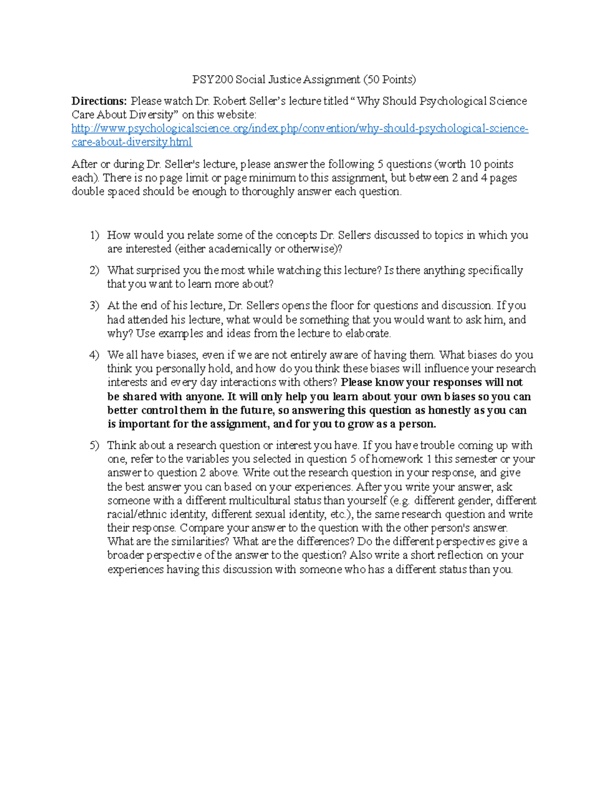 Social Justice Assignment - Robert Seller’s lecture titled “Why Should ...