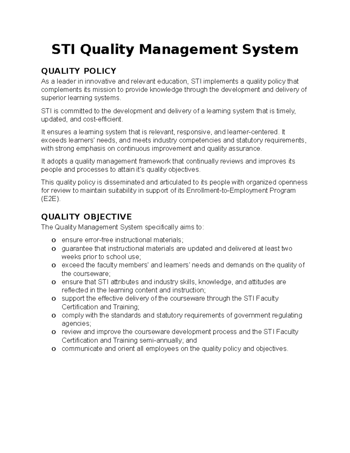 Diane Hannah 3LE2 - notes - STI Quality Management System QUALITY ...