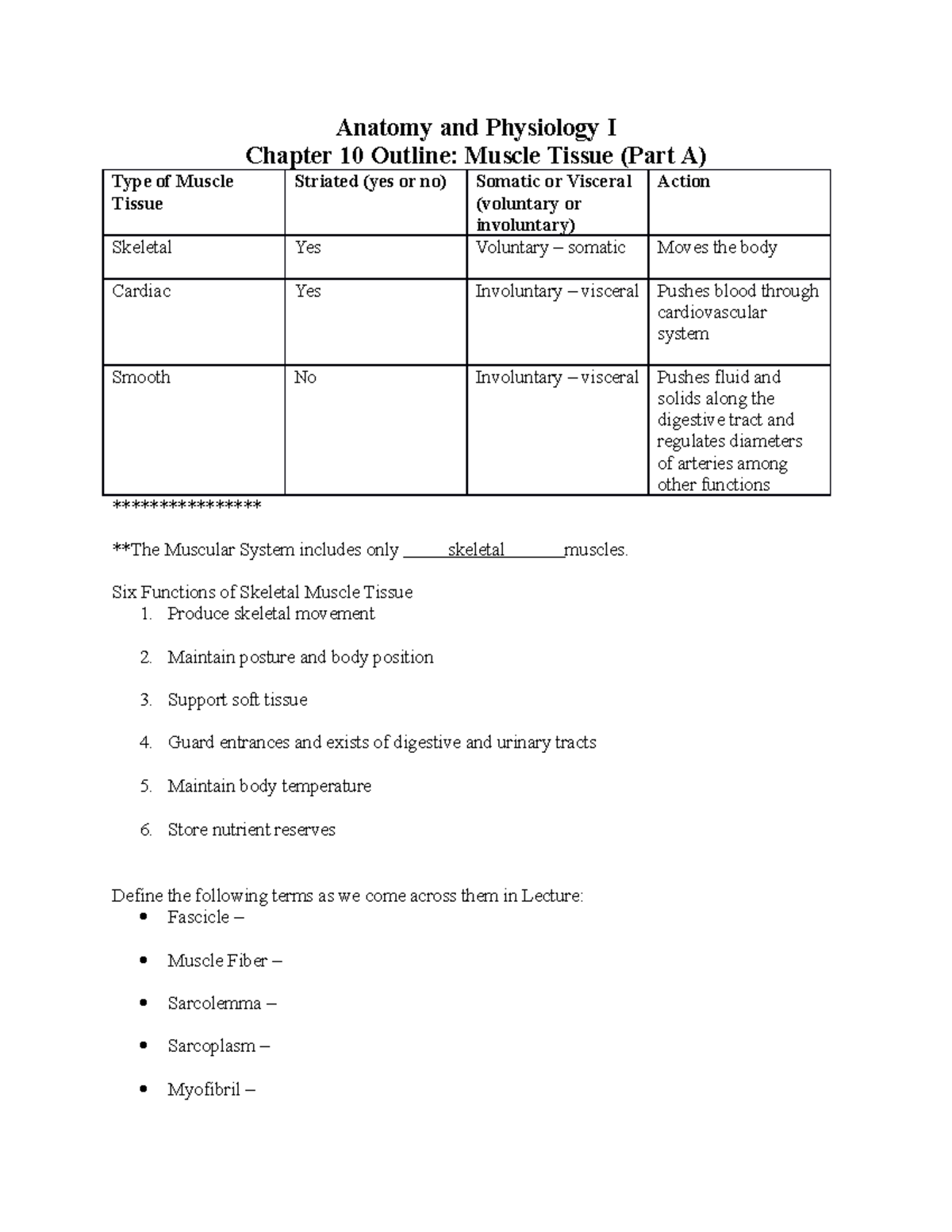 Ch 10a - notes - Anatomy and Physiology I Chapter 10 Outline: Muscle ...