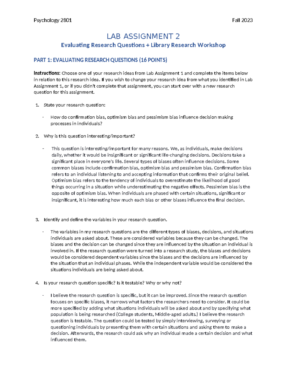 Lab 2 final - lab 2 for 2801 - Psychology 2801 Fall 2023 LAB ASSIGNMENT 2 Evaluating Research ...