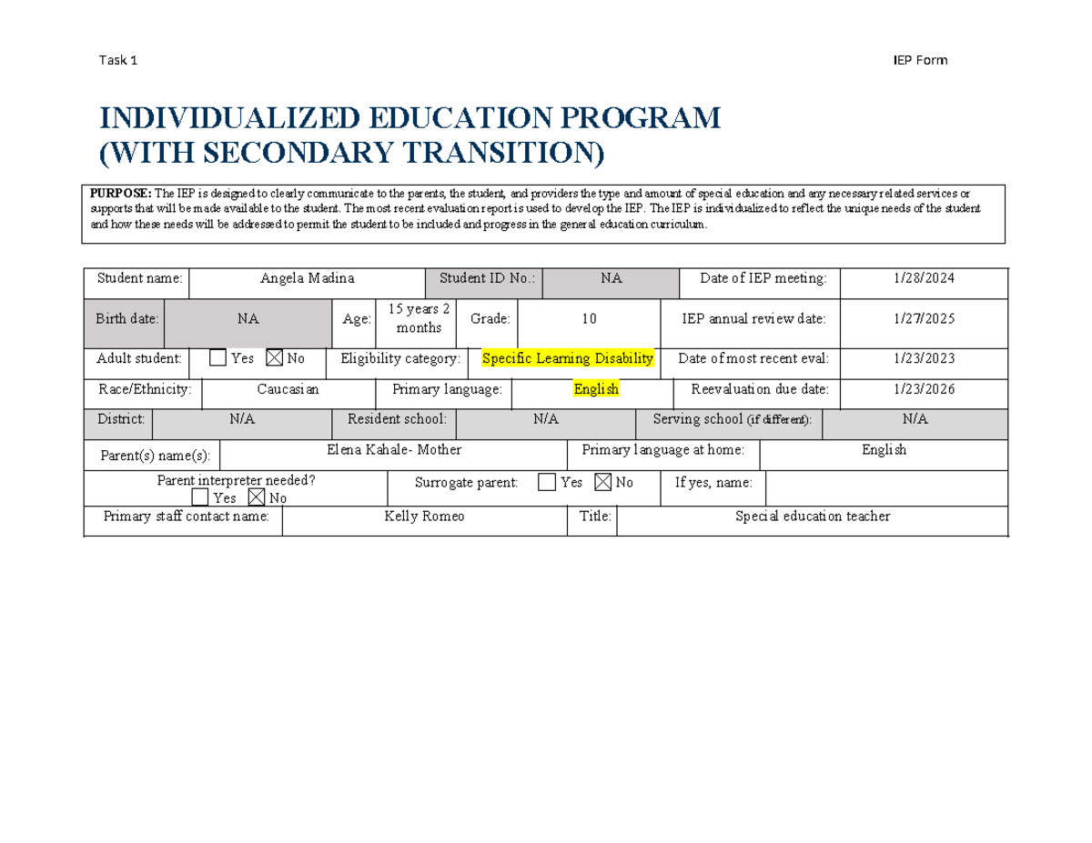IEP for Angela- 2024 - INDIVIDUALIZED EDUCATION PROGRAM (WITH SECONDARY ...