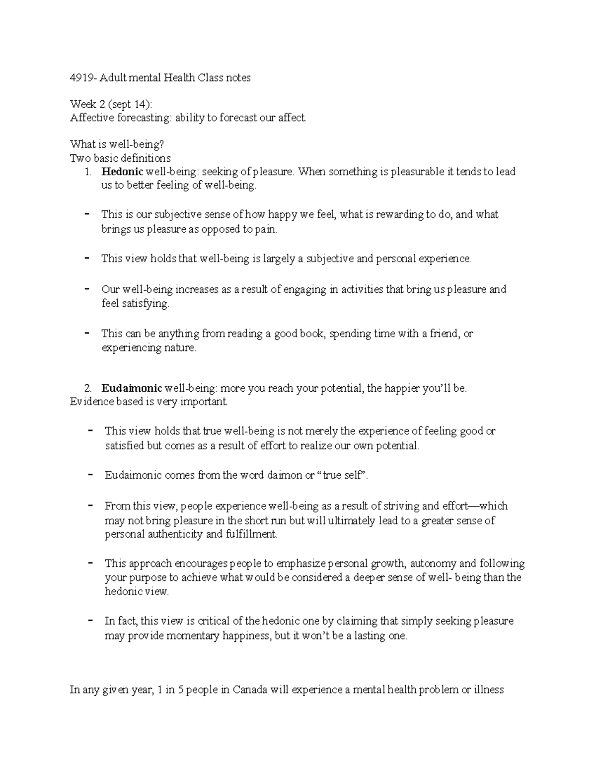 4919 class notes - 4919- Adult mental Health Class notes Week 2 (sept ...