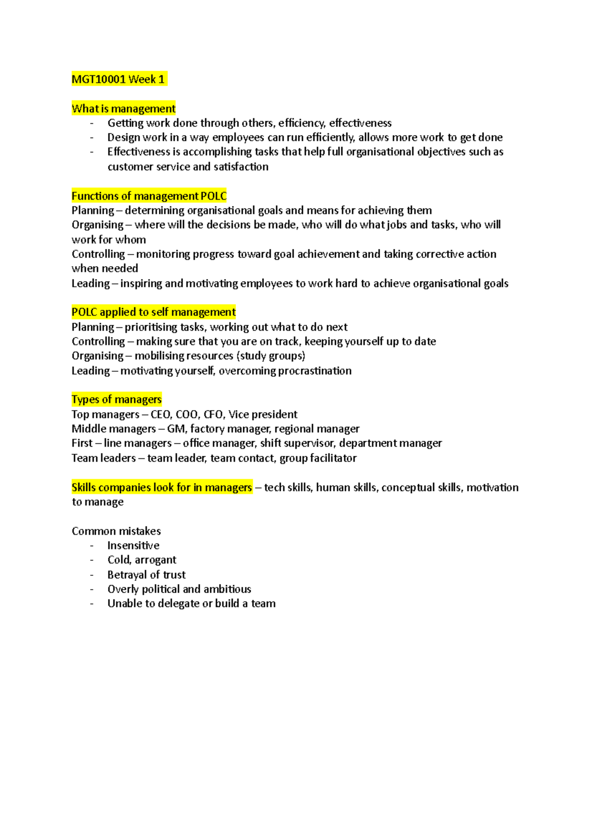 MGT10001 Week 1 - notes - MGT10001 Week 1 What is management - Getting ...