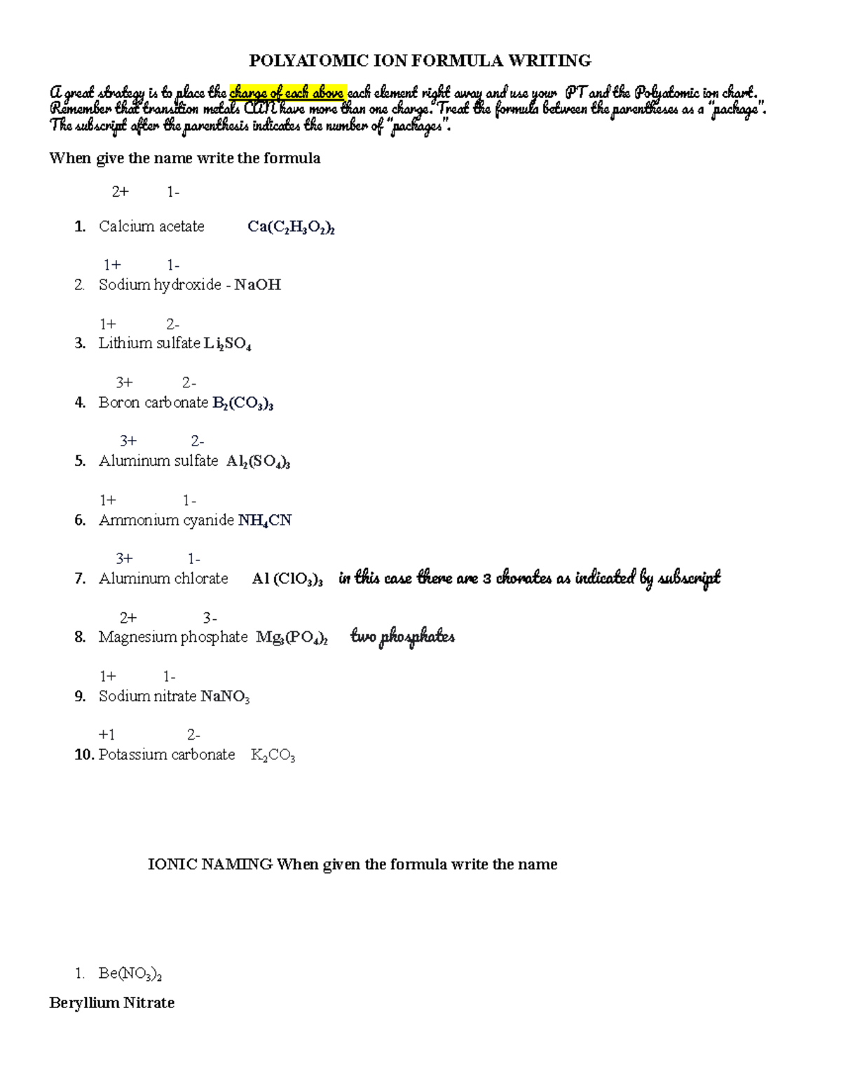 Key for Polyatomic ionic naming and formulas - POLYATOMIC ION FORMULA ...