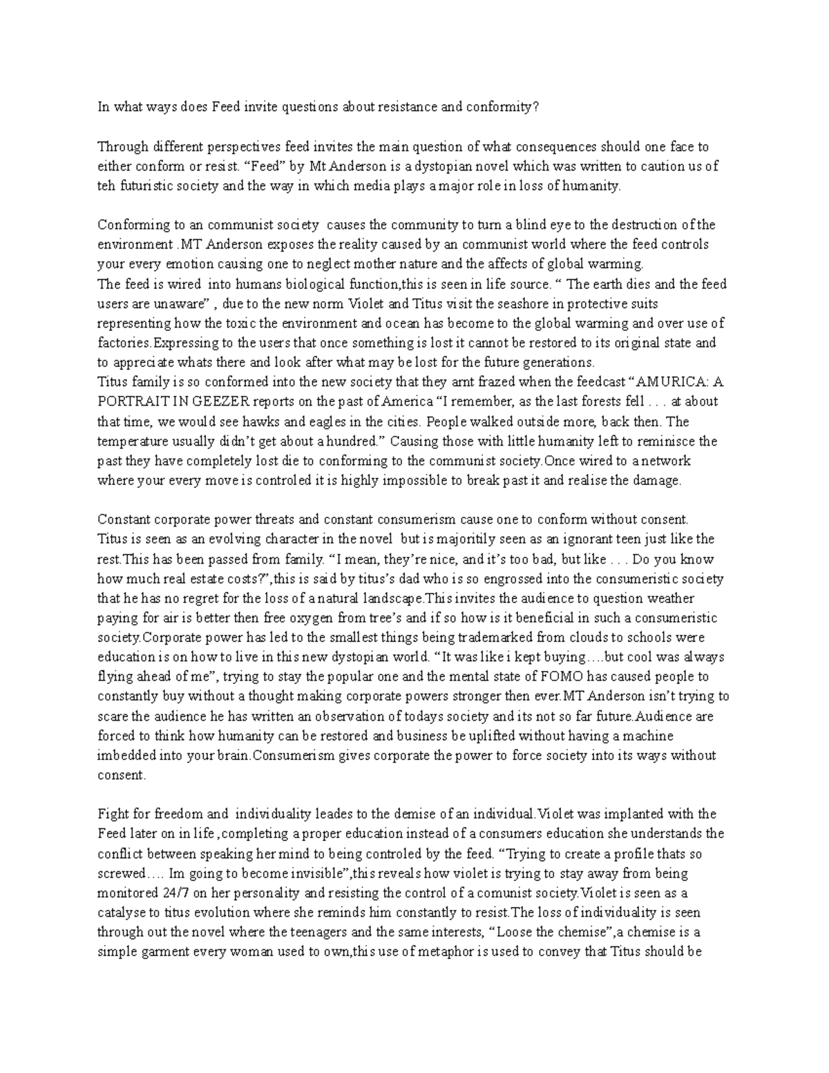 FEED essay - In what ways does Feed invite questions about resistance ...