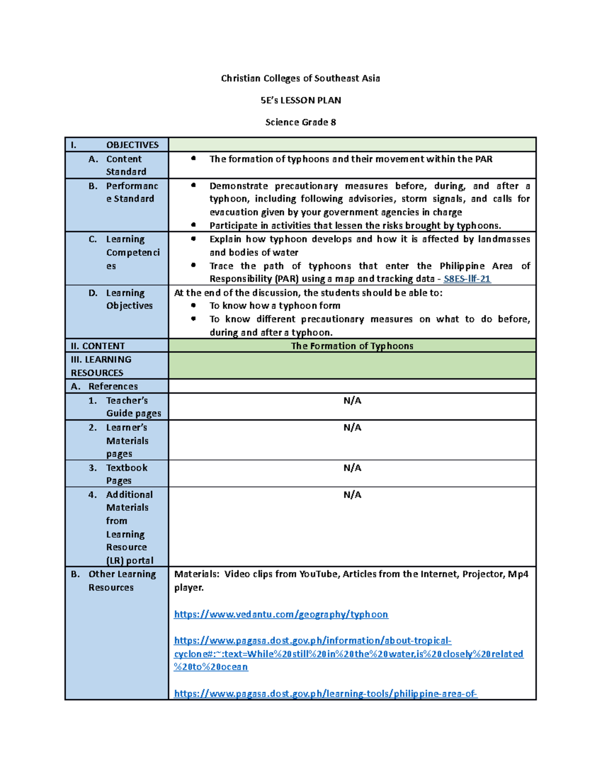 5E's Lesson Plan - simple - Christian Colleges of Southeast Asia 5E’s ...