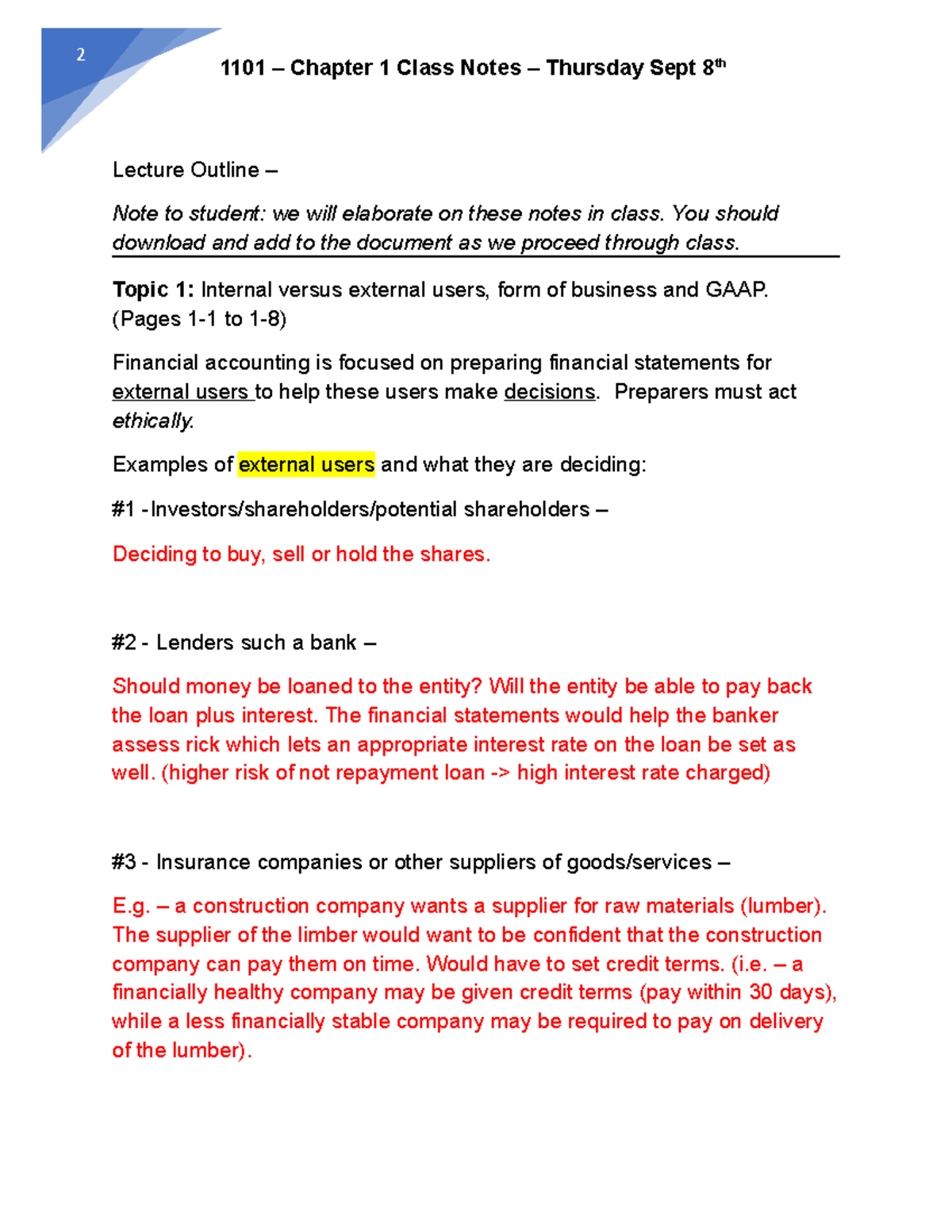 Lecture Notes - Chapter 1 - Thursday Sept 8 - 1101 – Chapter 1 Class ...