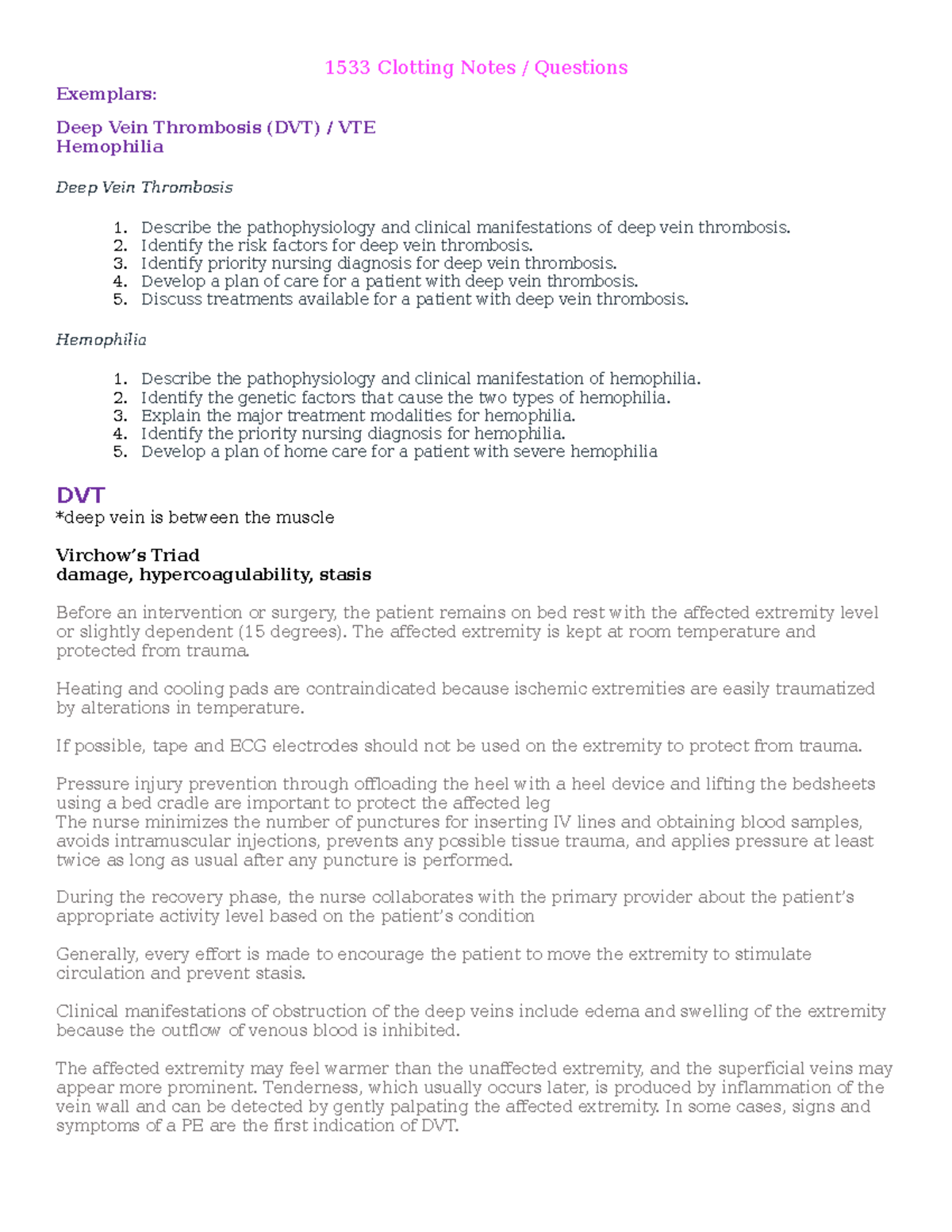 1533 Clotting Notes - 1533 Clotting Notes / Questions Exemplars: Deep ...