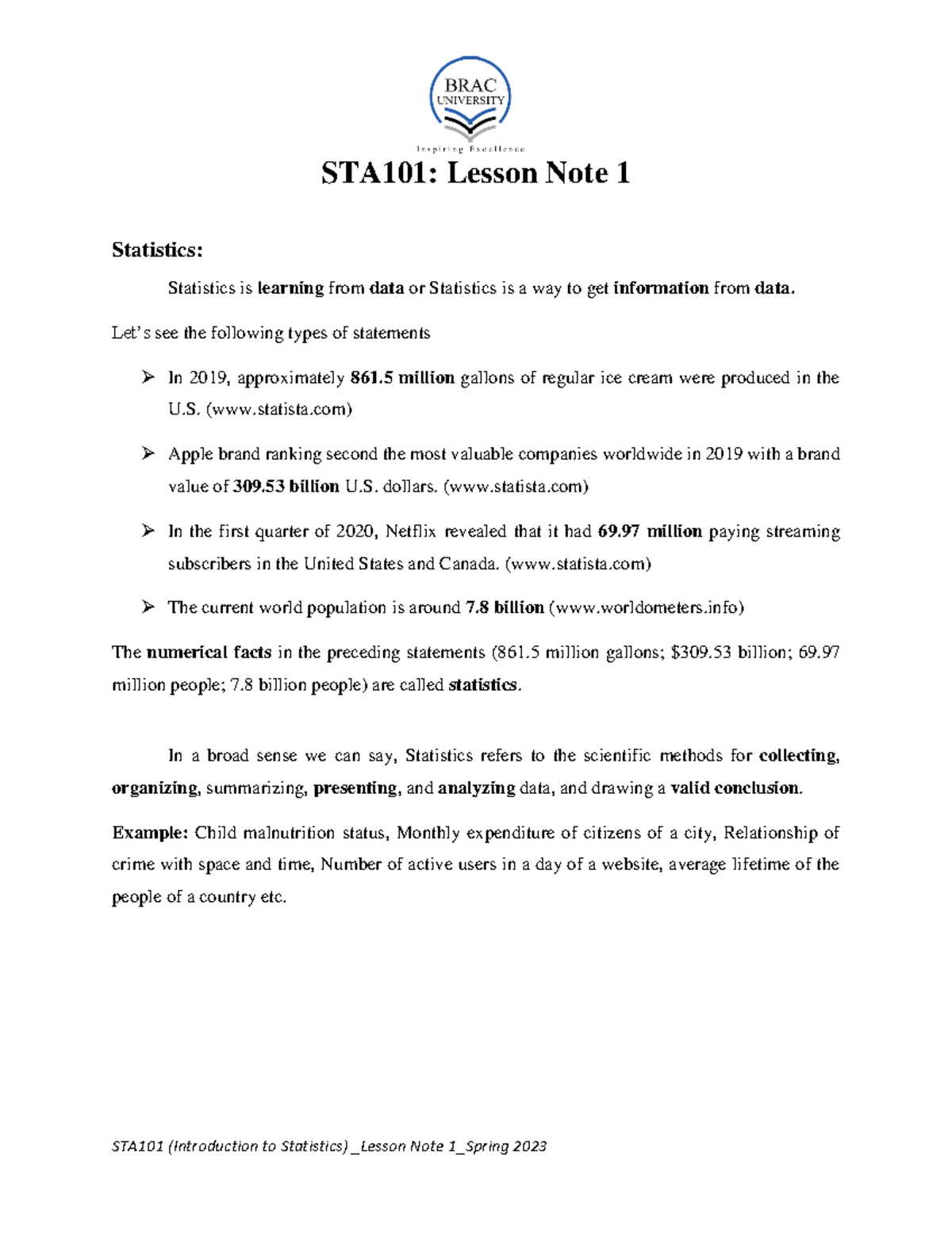 Lesson Note 1 - Introduction to statistics - STA101: Lesson Note 1 ...