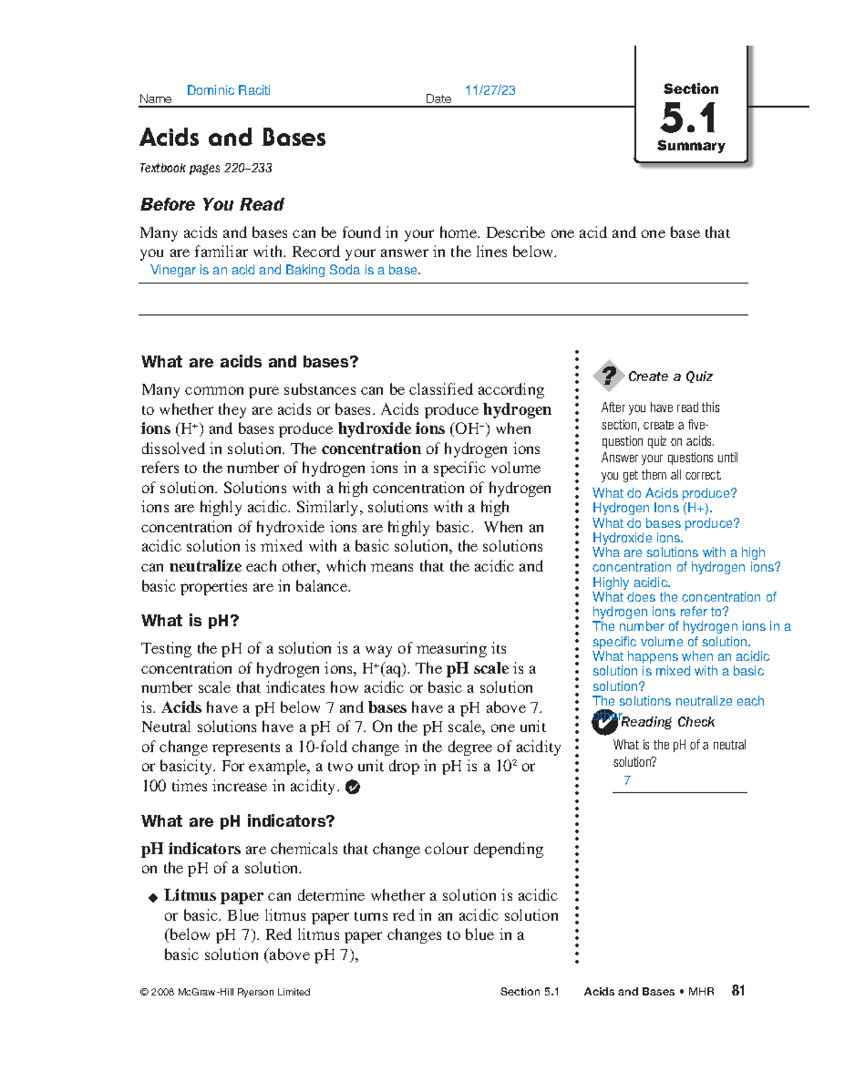 5 - idk - Name Date Section 5. Acids and Bases Summary Textbook pages ...