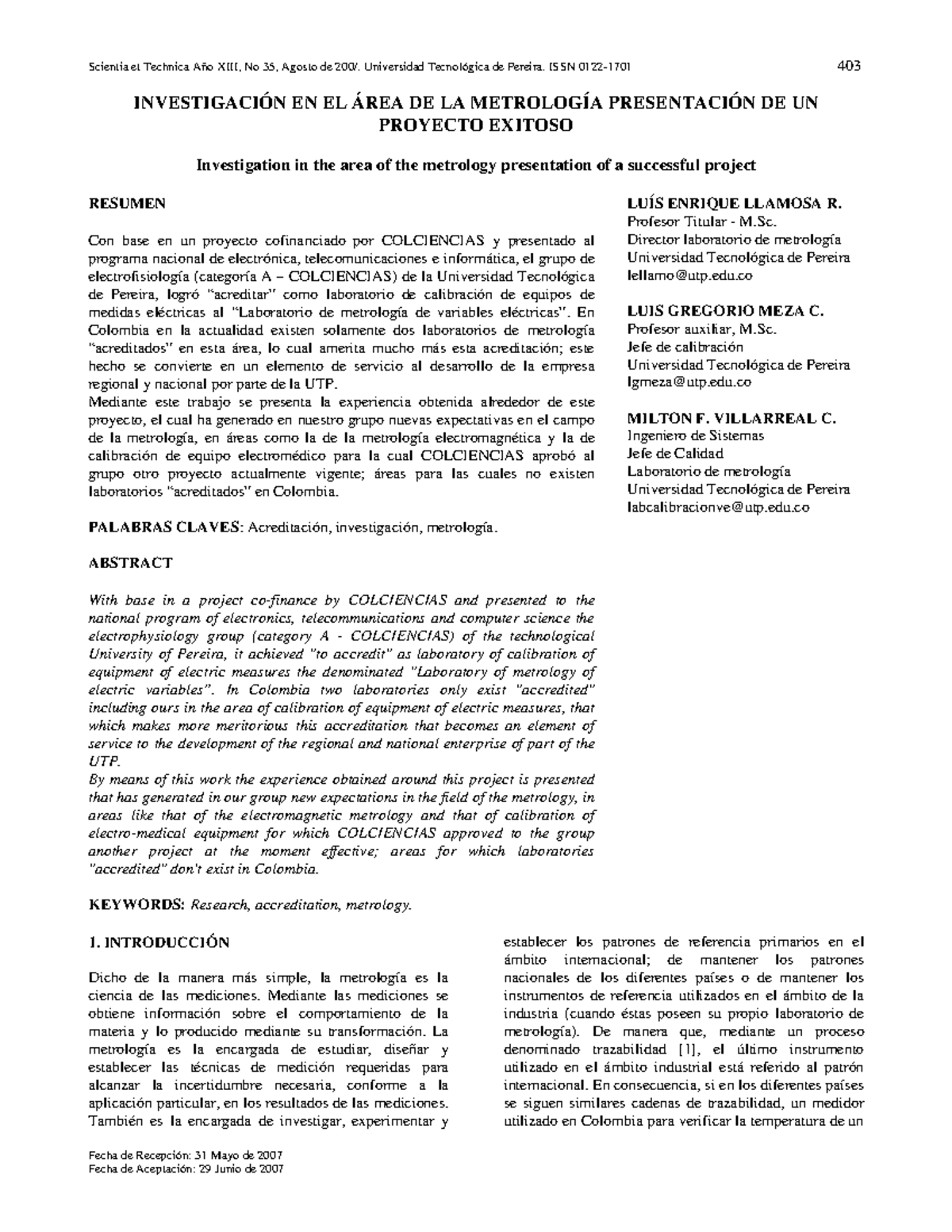 Dialnet- Investigacionenelareadelametrologiapresentaciondeu-4805067 - Scientia et Technica Año ...