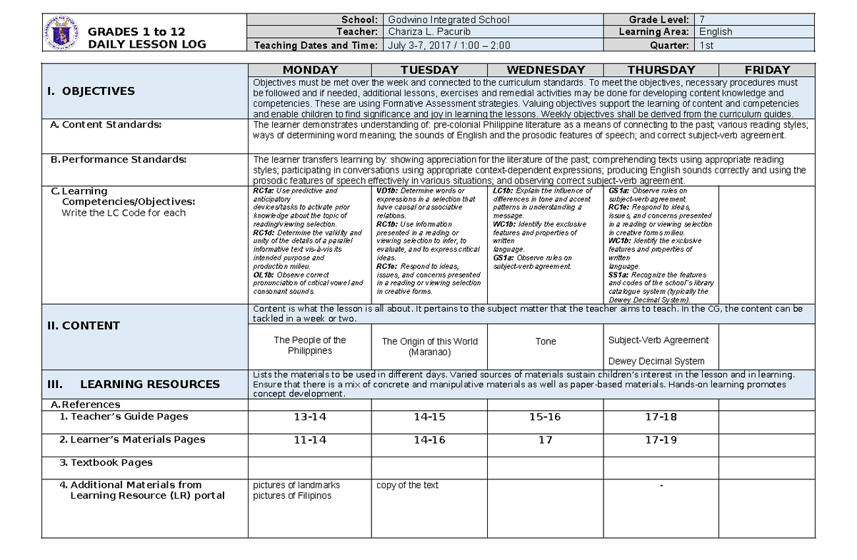English DLL 1st Quarter wk2 - GRADES 1 to 12 DAILY LESSON LOG School ...