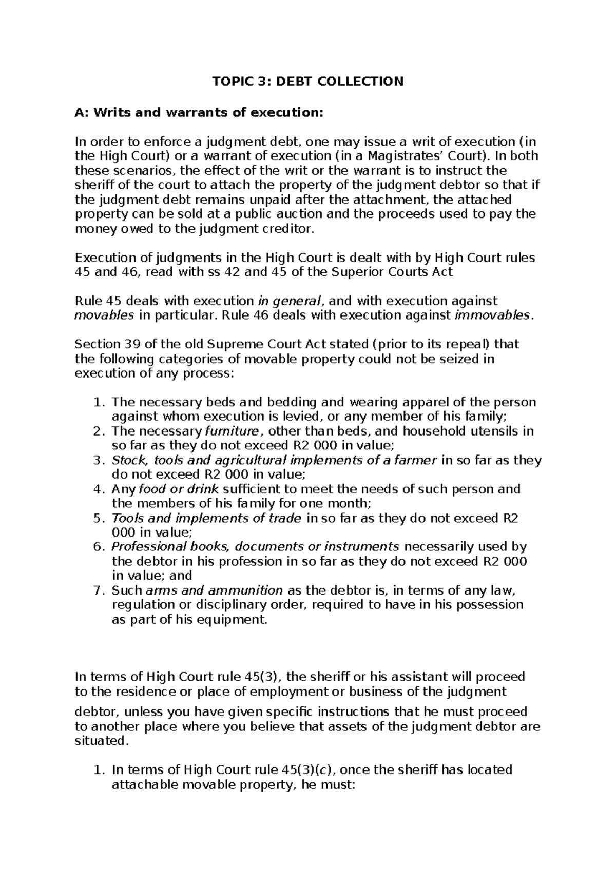 CCIA032 civil proceedureFor dummies - TOPIC 3: DEBT COLLECTION A: Writs ...