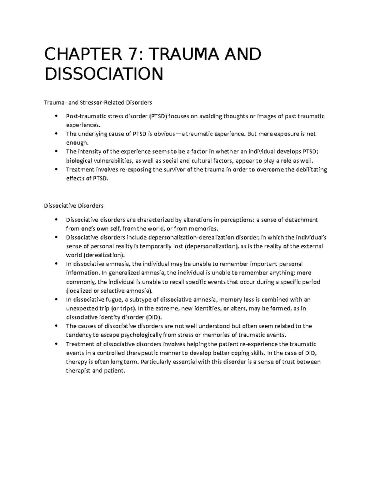 Chapter 7 Abnormal Psychology Notes - CHAPTER 7: TRAUMA AND ...