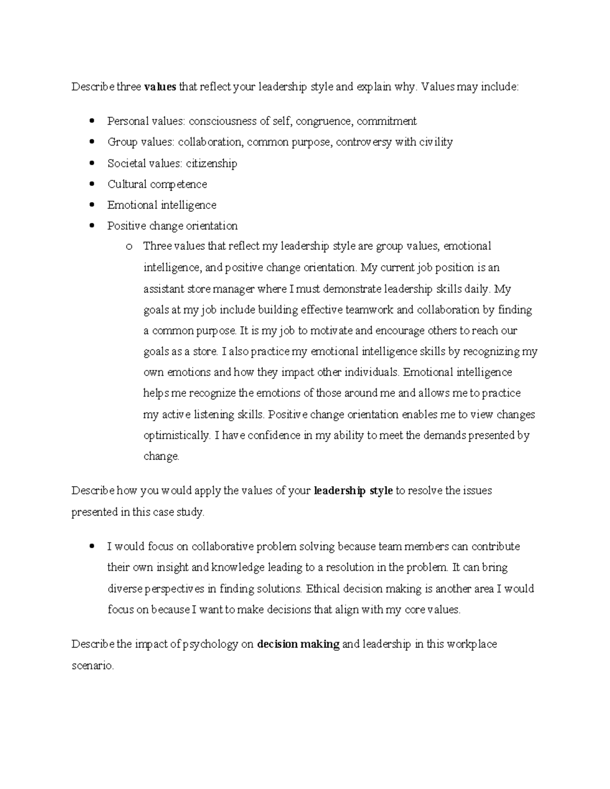 Psy 491 module 7 activity - Describe three values that reflect your ...