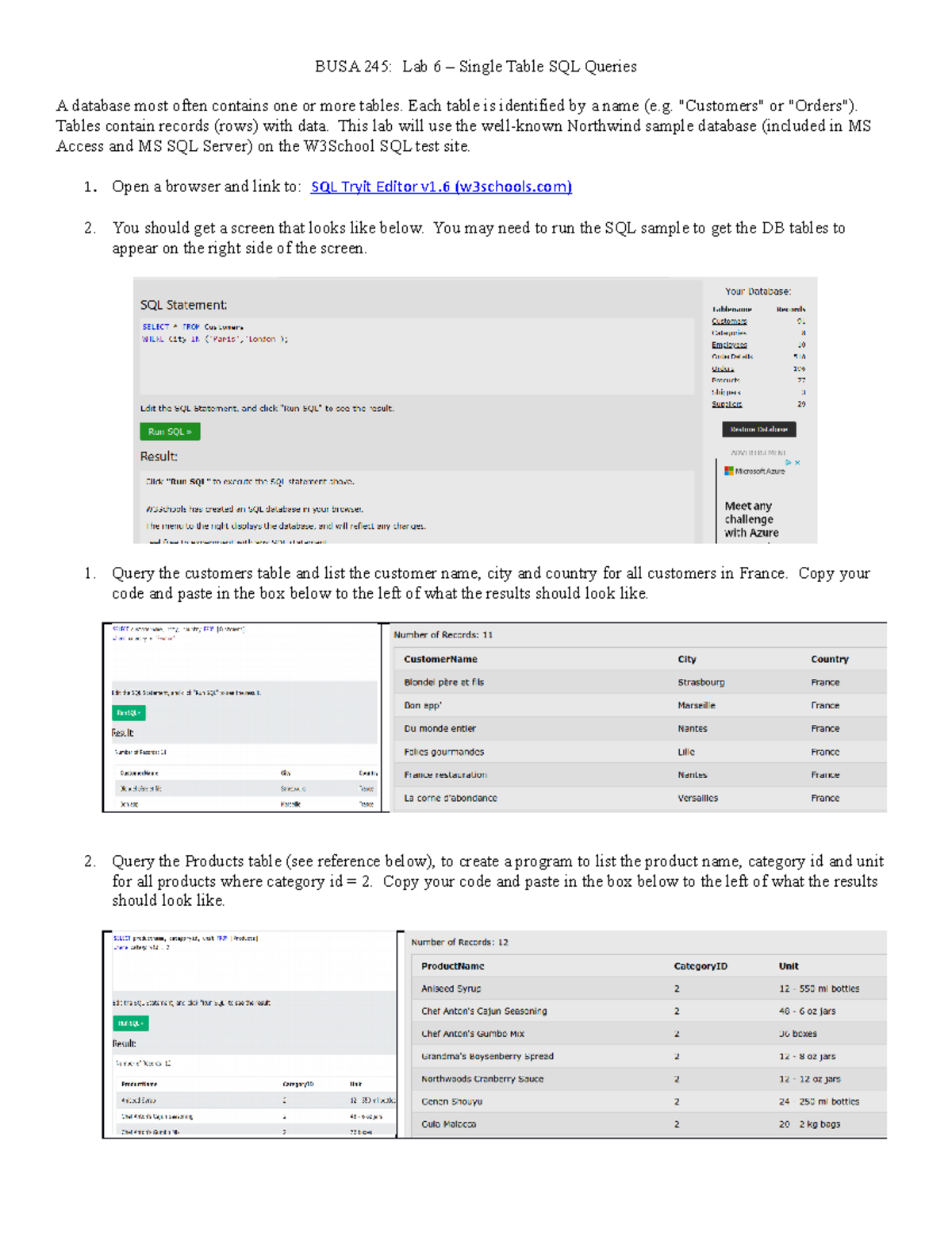 Lab 6 Busa 245 - Lab 6 Business information systems 245 - BUSA 245: Lab 6 – Single Table SQL ...