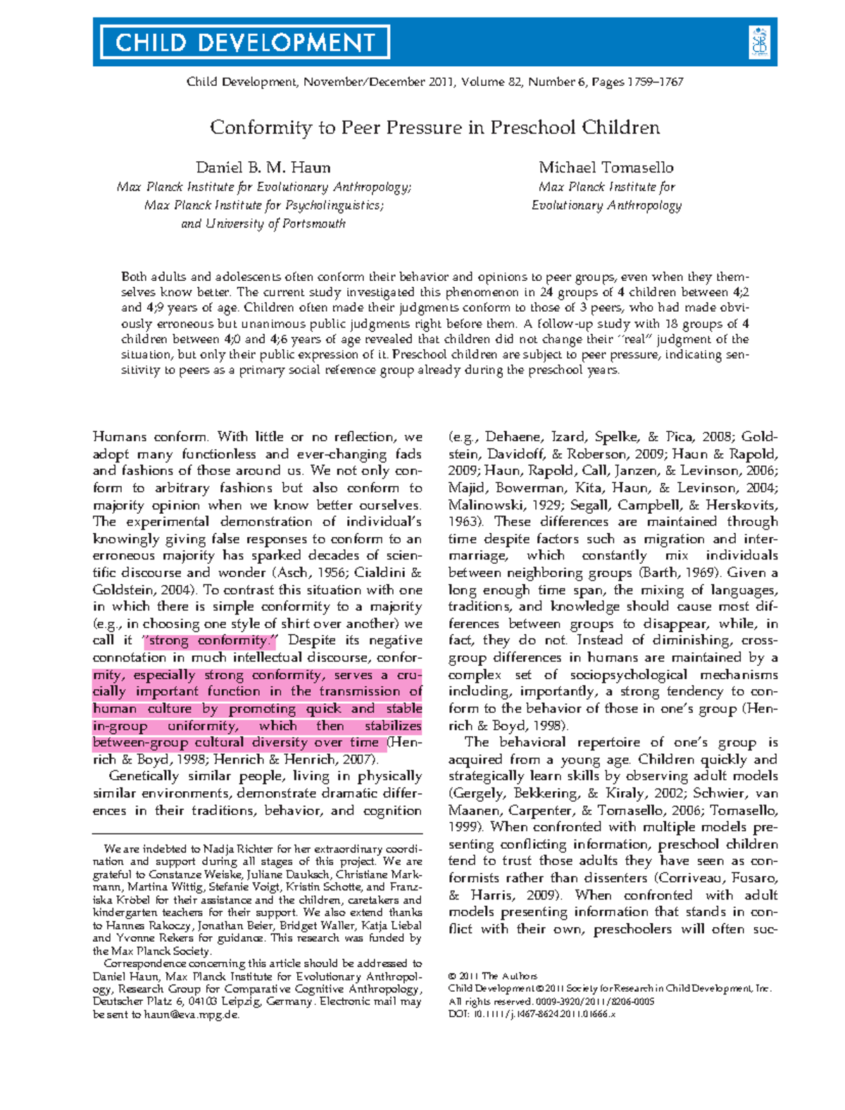 Peer pressure article - Conformity to Peer Pressure in Preschool ...