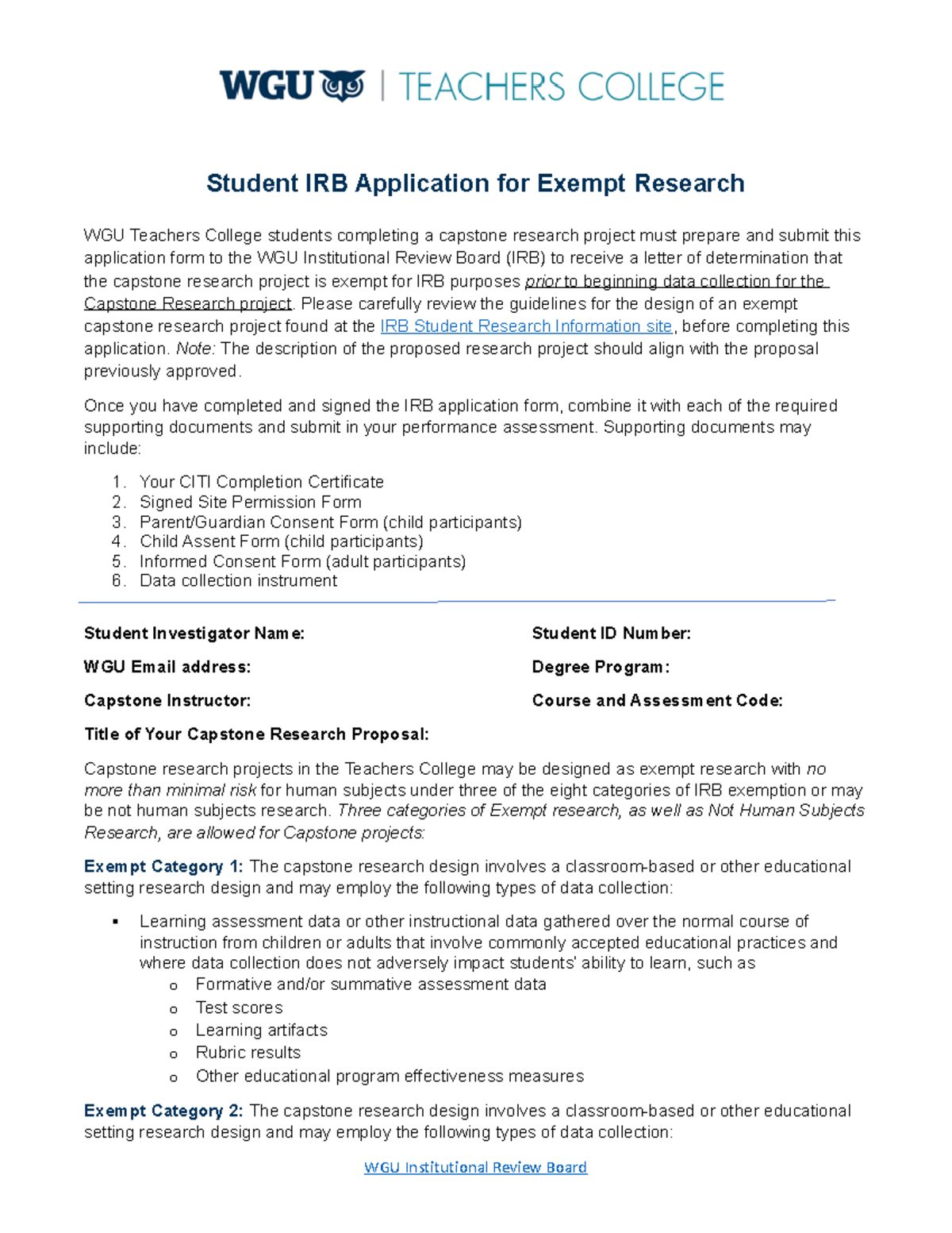 TC Student IRB Application for Exempt Research - Student IRB ...