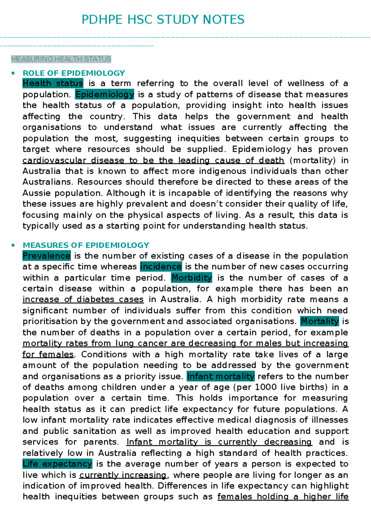 Pdhpe HSC Study Notes - PDHPE HSC STUDY NOTES MEASURING HEALTH STATUS ...