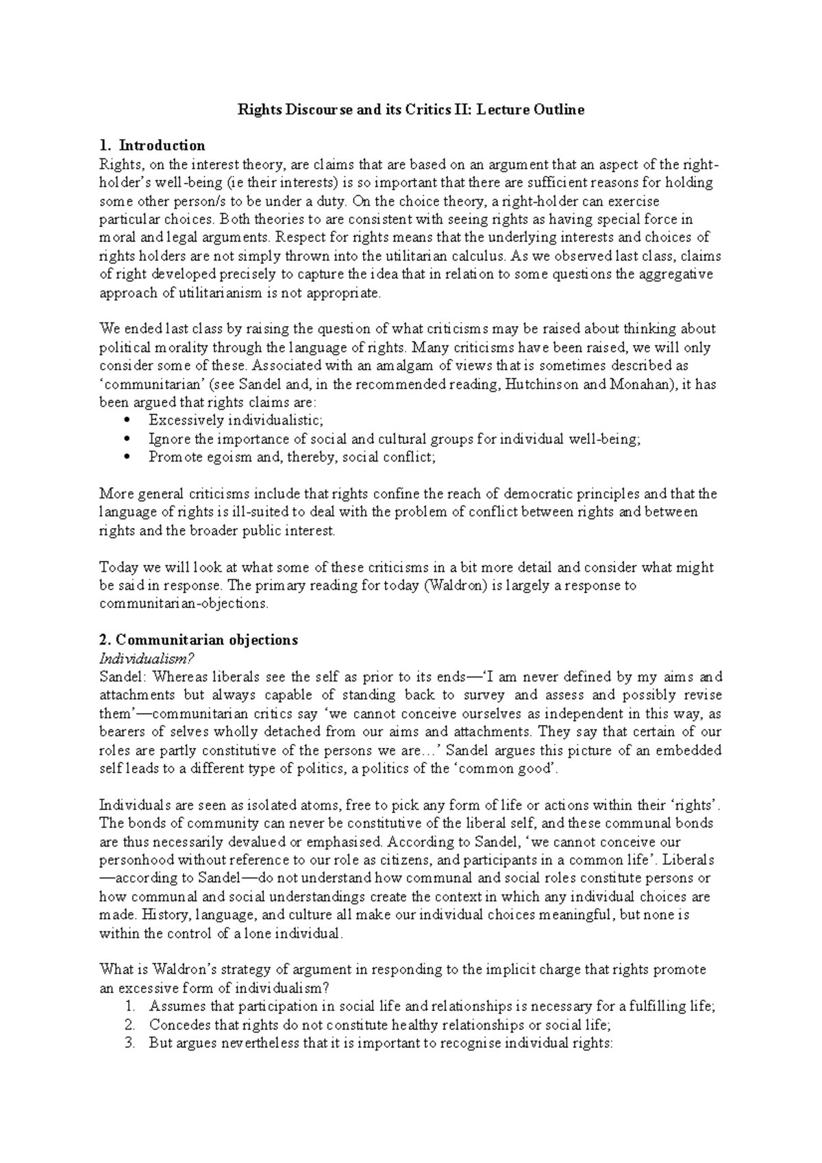 Rights Discourse II 2017 handout - Rights Discourse and its Critics II: Lecture Outline 1. - Studocu