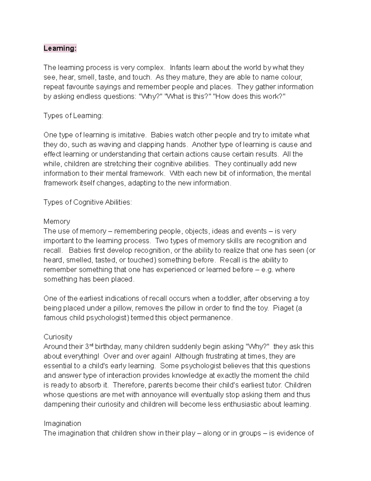 Learning lecture notes - Learning: The learning process is very complex ...