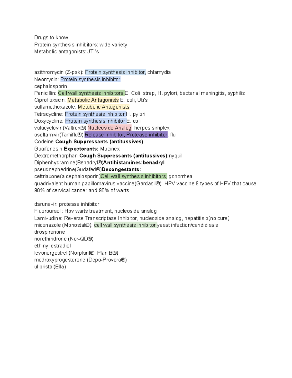 key drugs for exam 1 - Drugs to know Protein synthesis inhibitors: wide ...