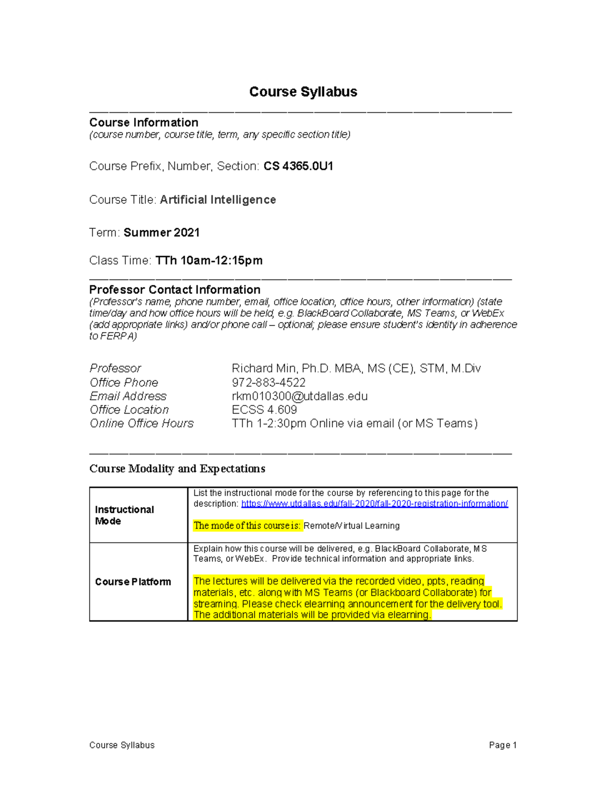 # cs4365 Dr. Min - summer 2021 - rev3 - Course Syllabus - Studocu