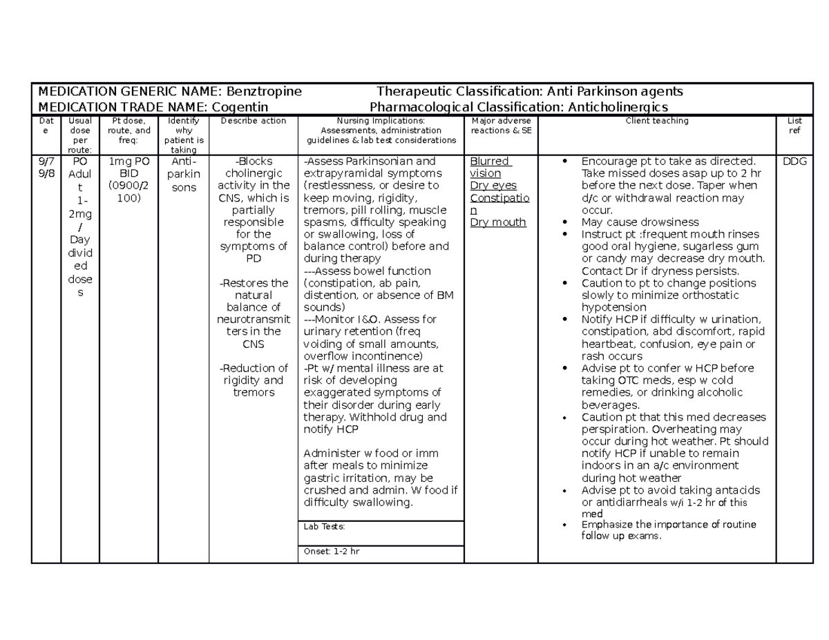 Benztropine Medication Work Sheet - MEDICATION GENERIC NAME ...