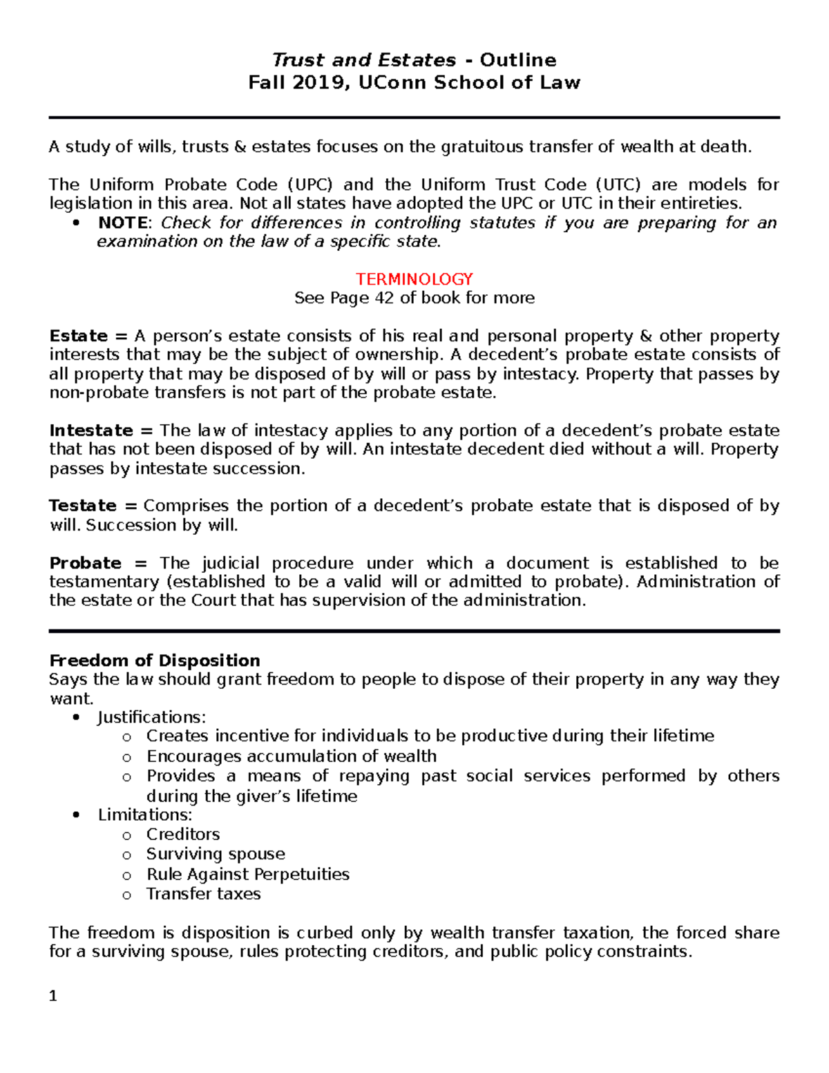 Trust & Estates - Trust and Estates - Outline Fall 2019, UConn School ...