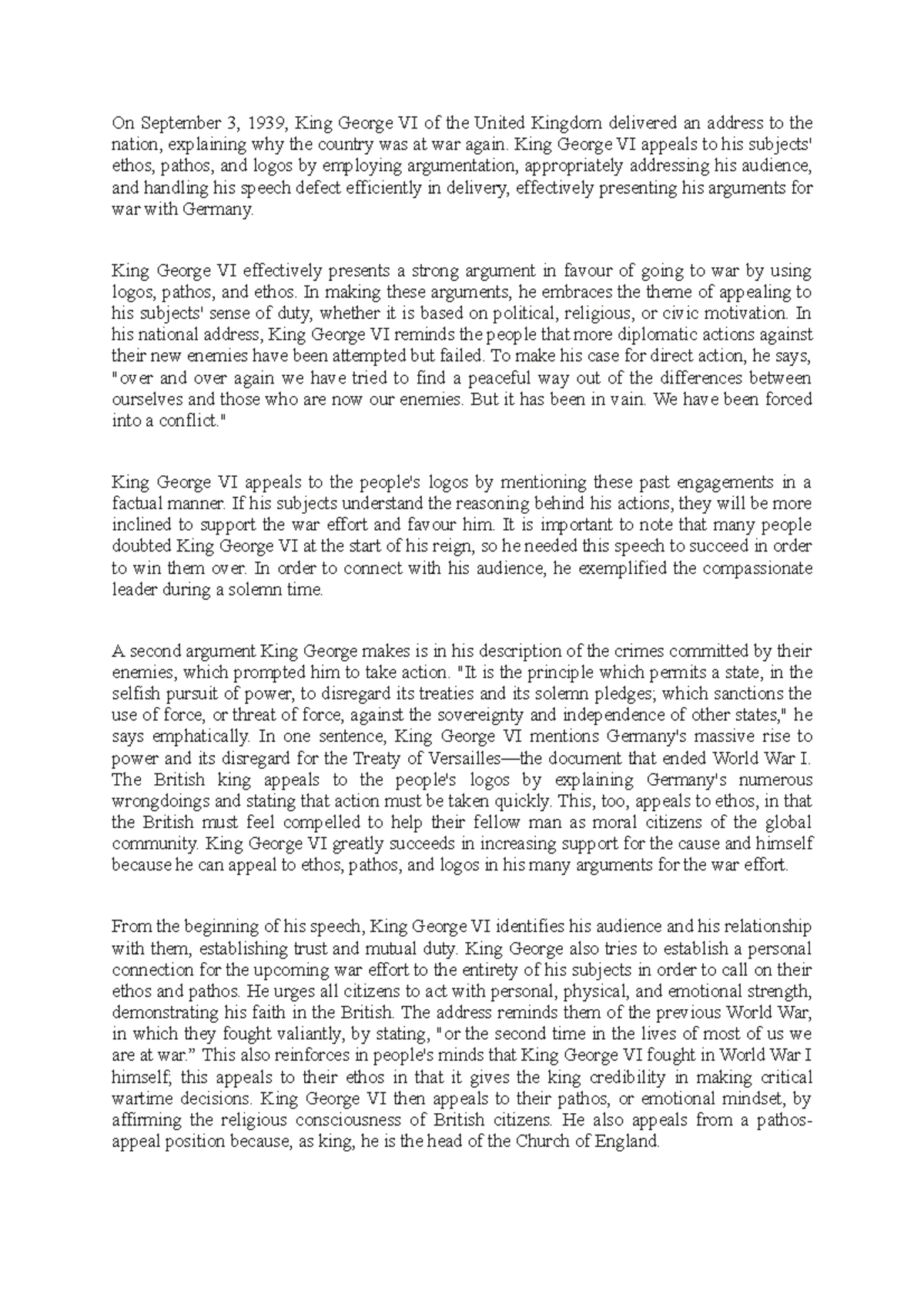 King George - Textual analysis - On September 3, 1939, King George VI ...