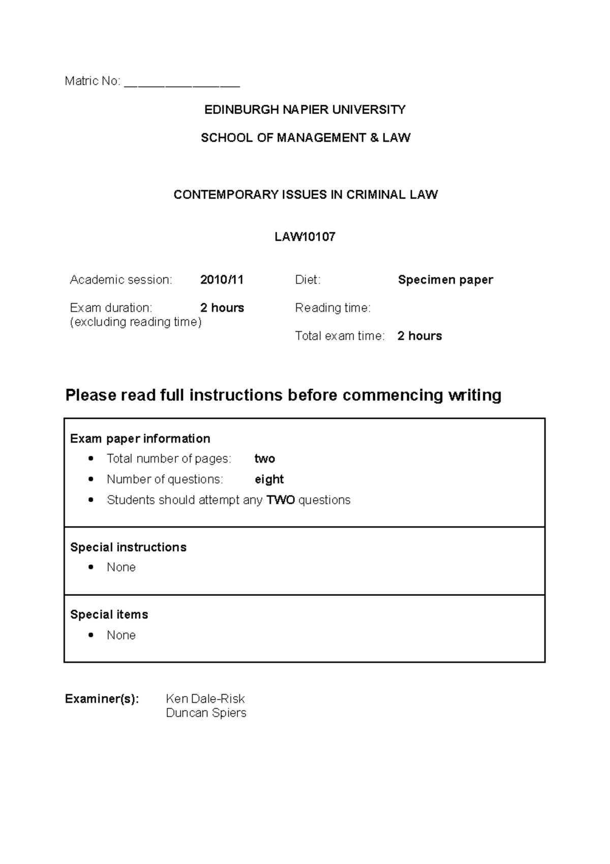Specimen exam - Past Paper - Matric No: _________________ EDINBURGH ...