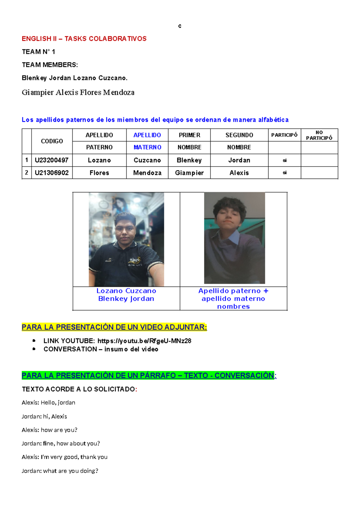 TASK WEEK N° 05 - task - c ENGLISH II – TASKS COLABORATIVOS TEAM N° 1 TEAM MEMBERS: Blenkey ...