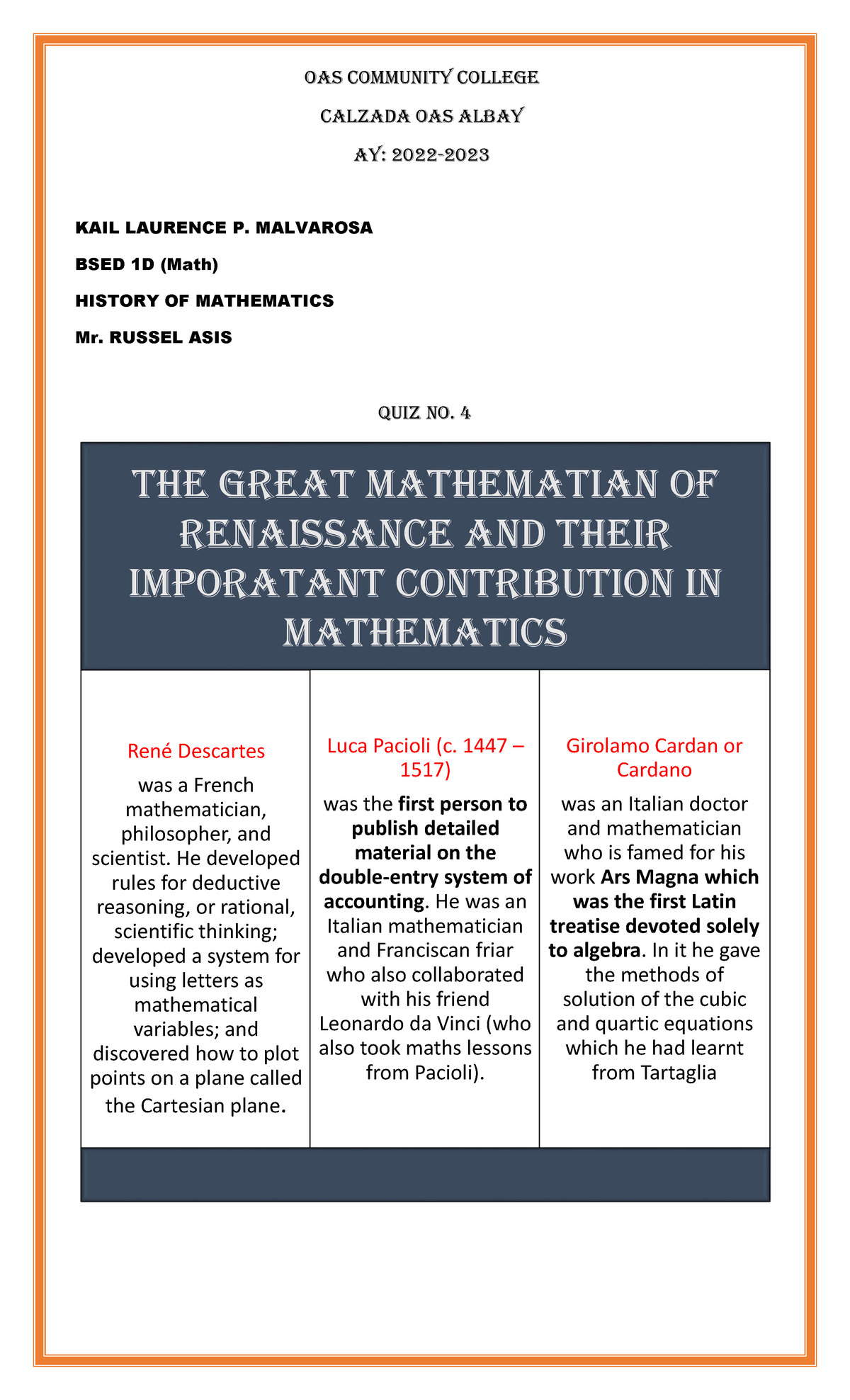 QUIZ NO. 4- History OF Mathematics BSED 1D Kail Laurence Malvarosa ...