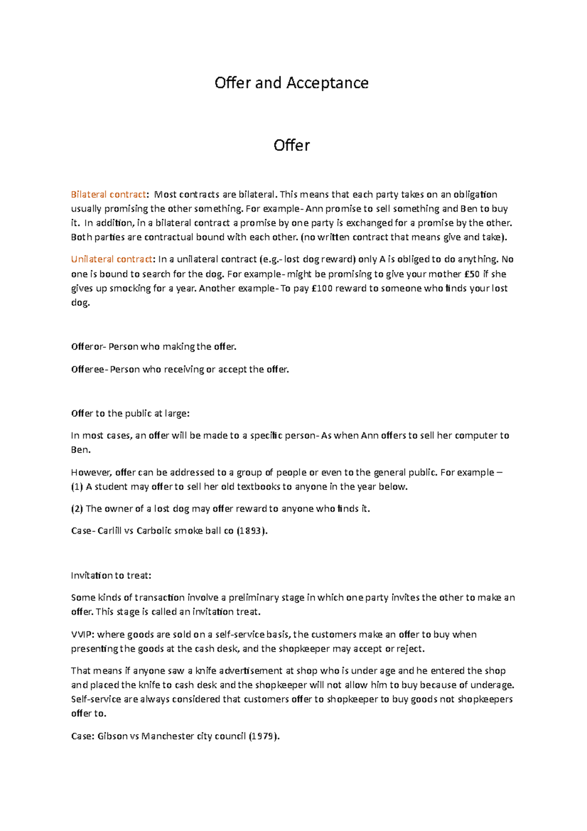 Offer and Acceptance my final - Offer and Acceptance Offer Bilateral ...