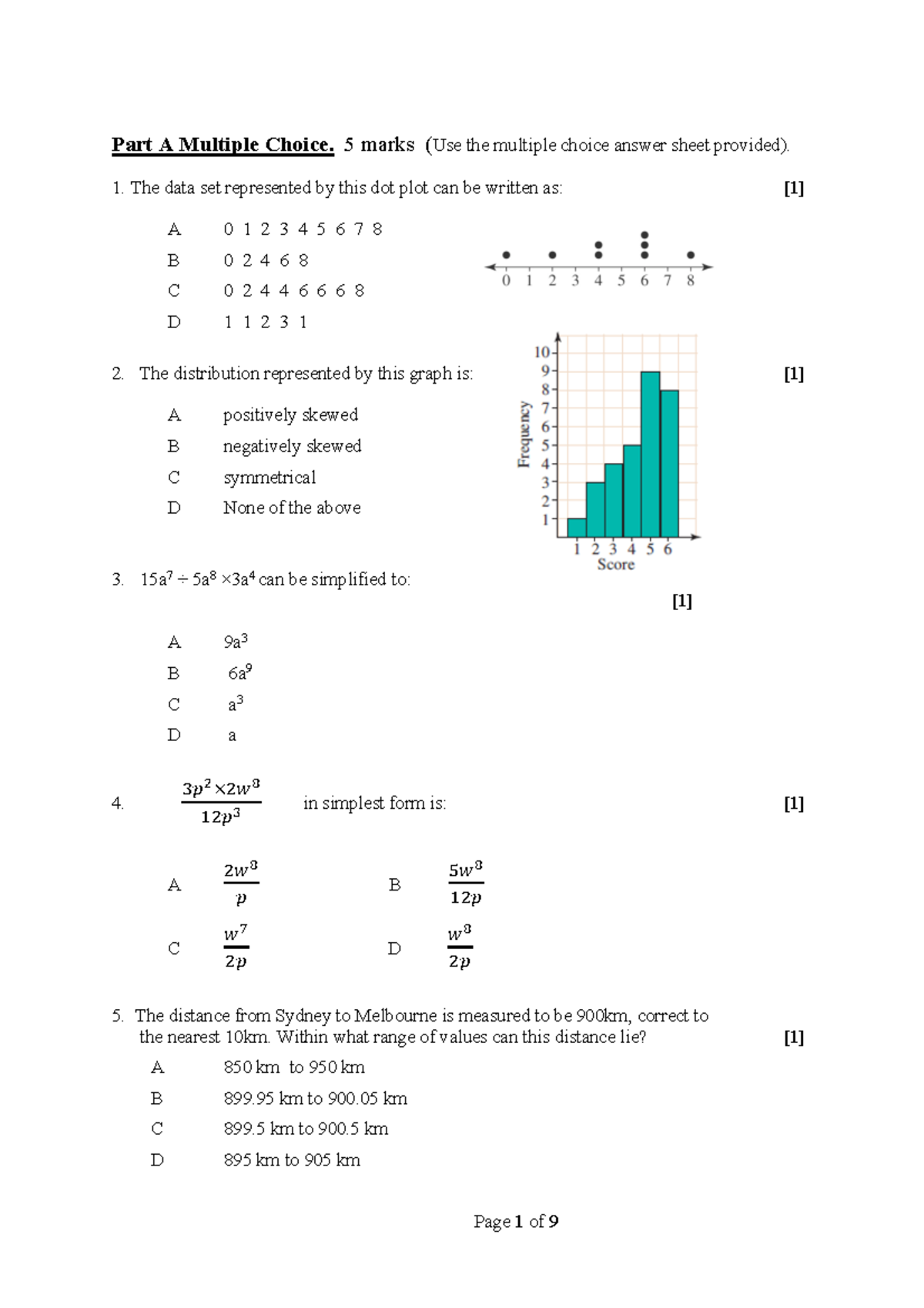 CT1 Exam -9-5 - tutorial notes - Part A Multiple Choice. 5 marks ( Use ...