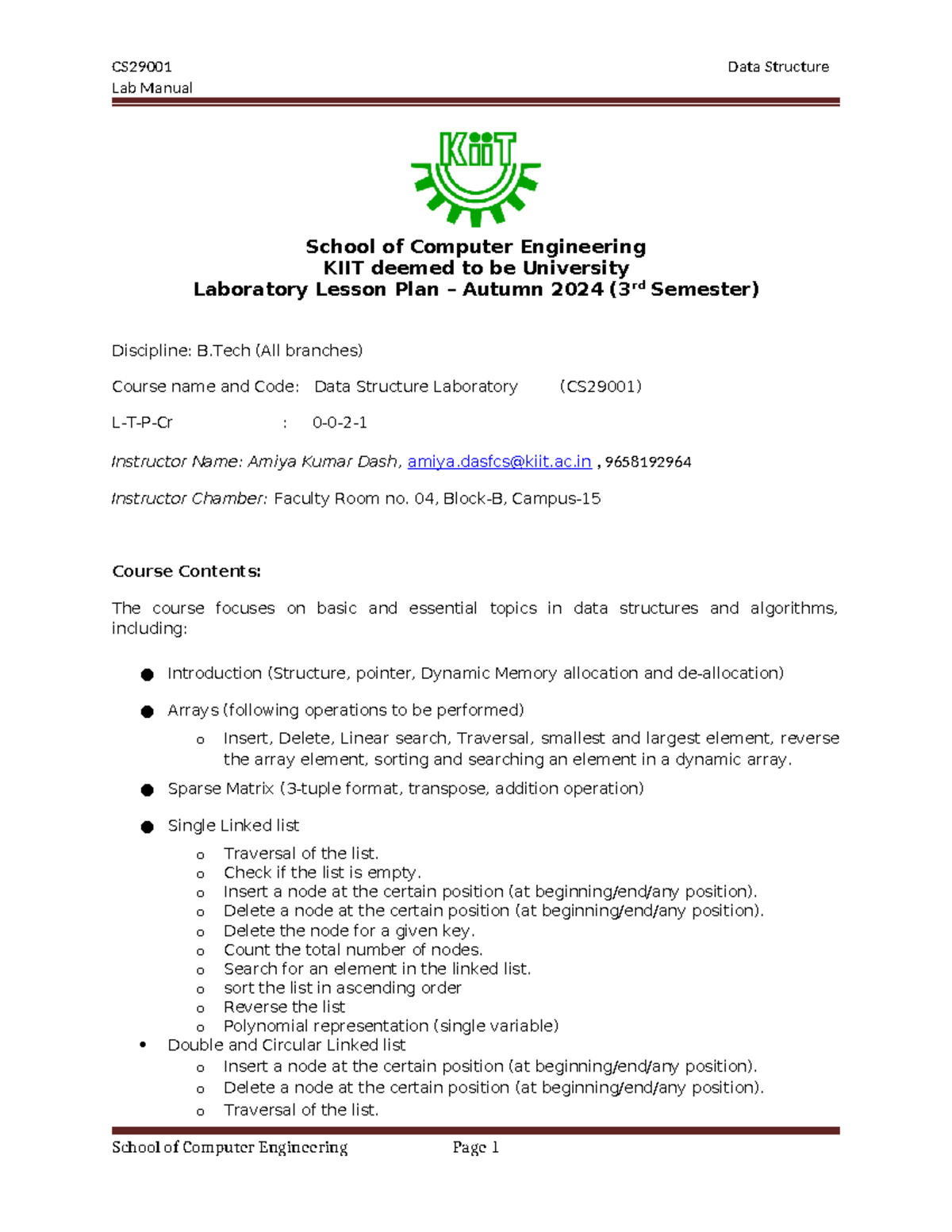 Data Structure Lab (CS29001) Lesson plan Autumn 2024 - Lab Manual ...
