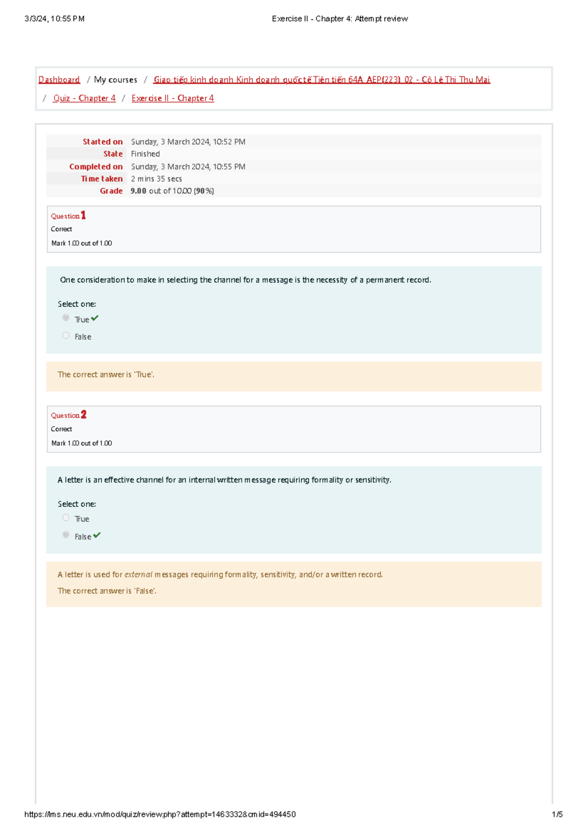 Exercise II - Chapter 4 Attempt review - Dashboard / My courses / Giao tiếp kinh doanh_Kinh ...