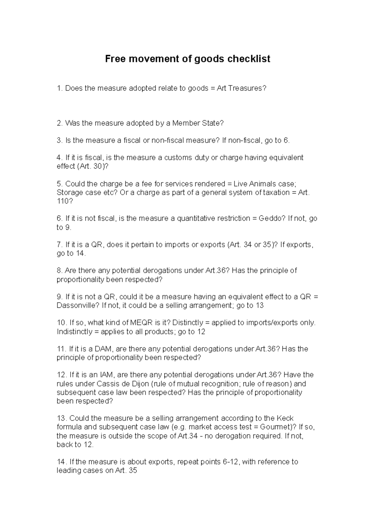 Free Movement of Goods checklist - Free movement of goods checklist ...